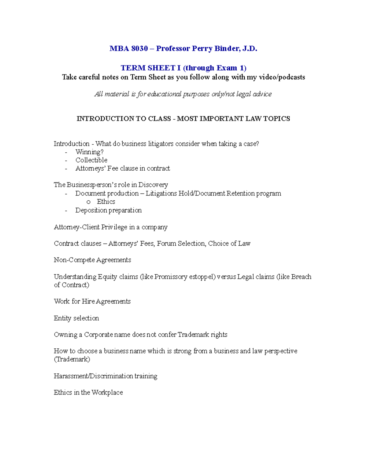 8030 Terms Fall 2023 - Notes - MBA 8030 – Professor Perry Binder, J ...