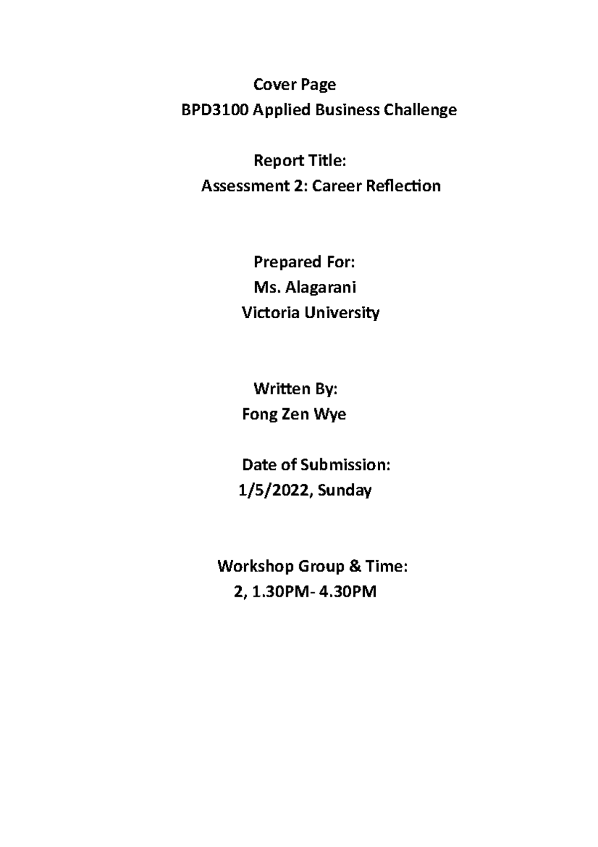 ABC assesment 2 Career Reflection - Cover Page BPD3100 Applied Business ...