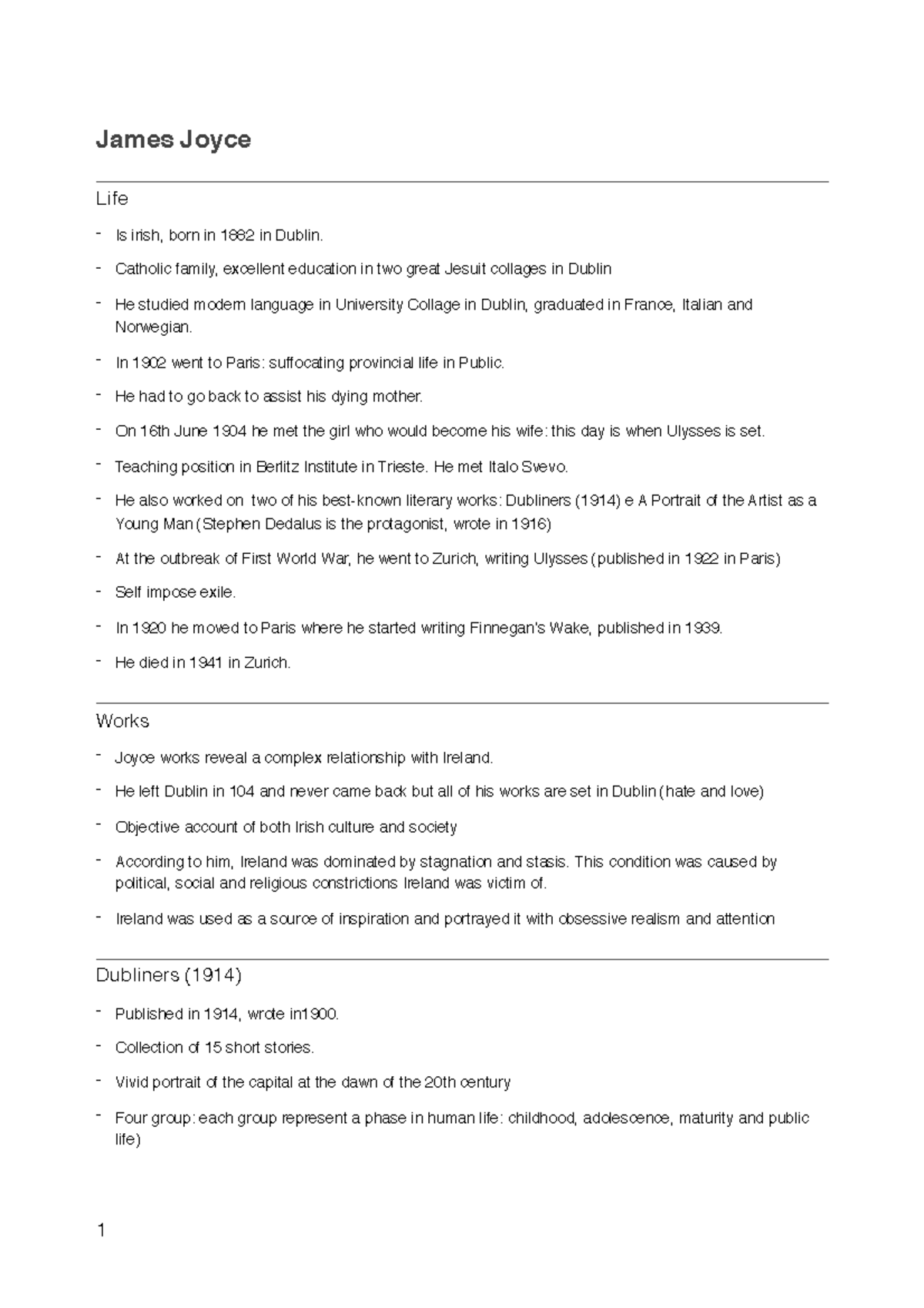 James Joyce - lezioni + libro - James Joyce Life - Is irish, born in ...