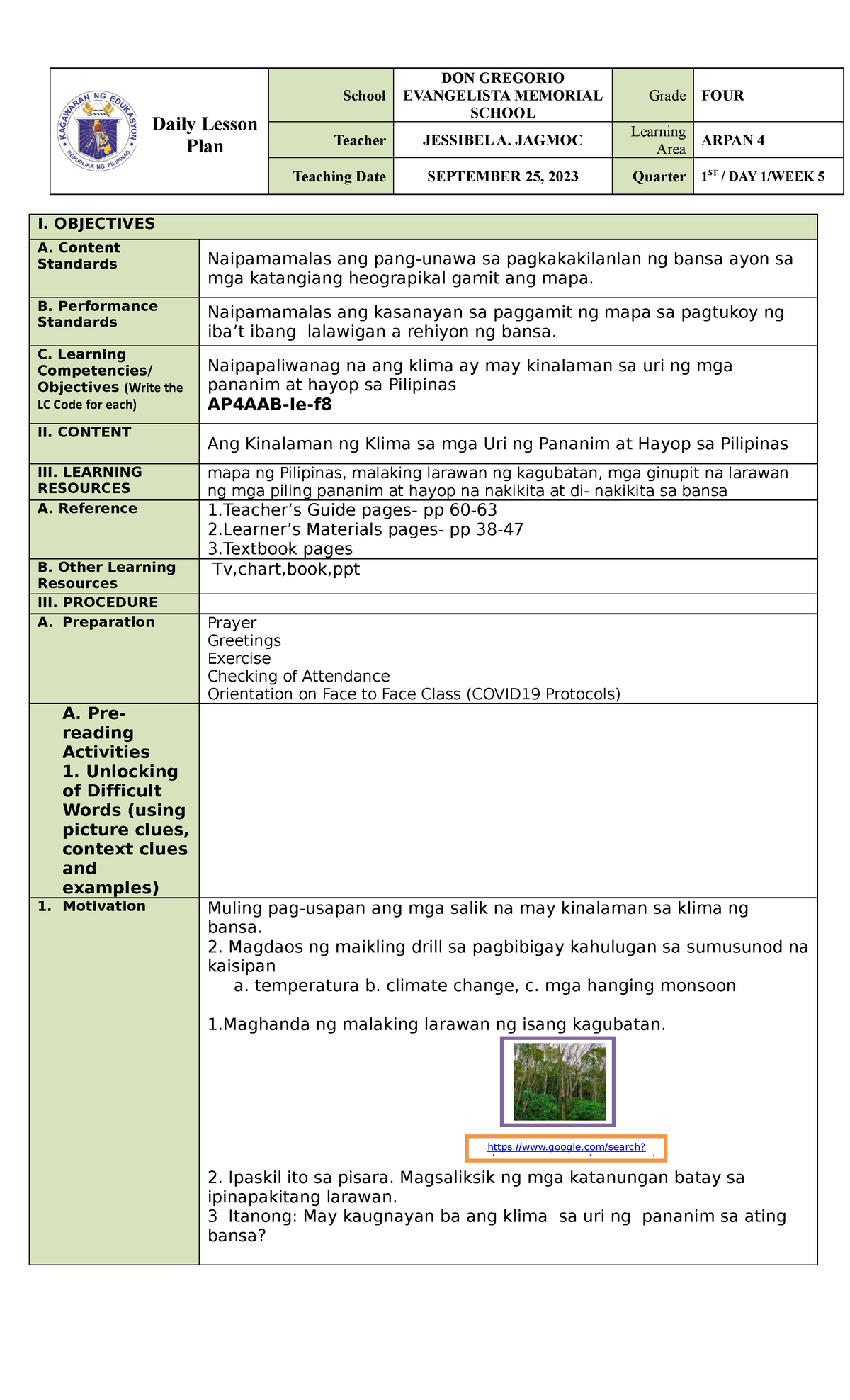 Q1 LP AP WEEK 5 DAY 1 5 - lesson plan arpan - Daily Lesson Plan School ...