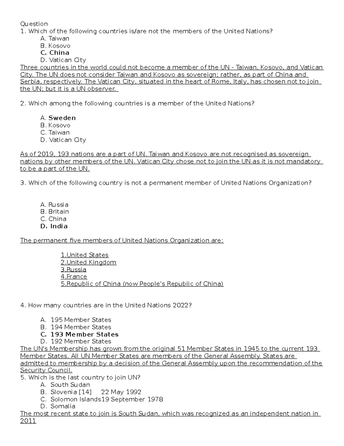 Un quiz bee questions - questionaires - Question Which of the following ...