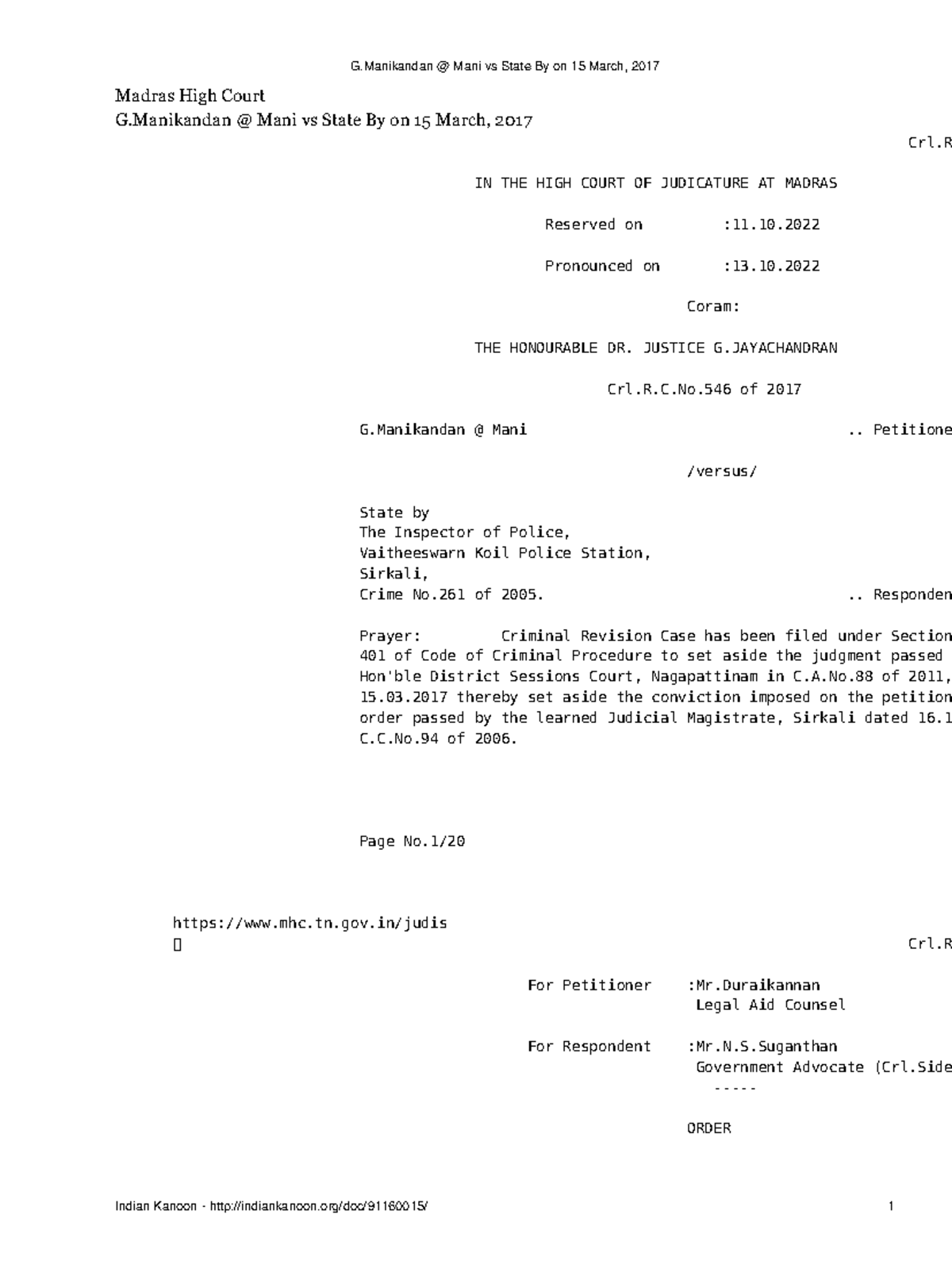 G Manikandan Mani vs State By on 15 March 2017 - Madras High Court G ...