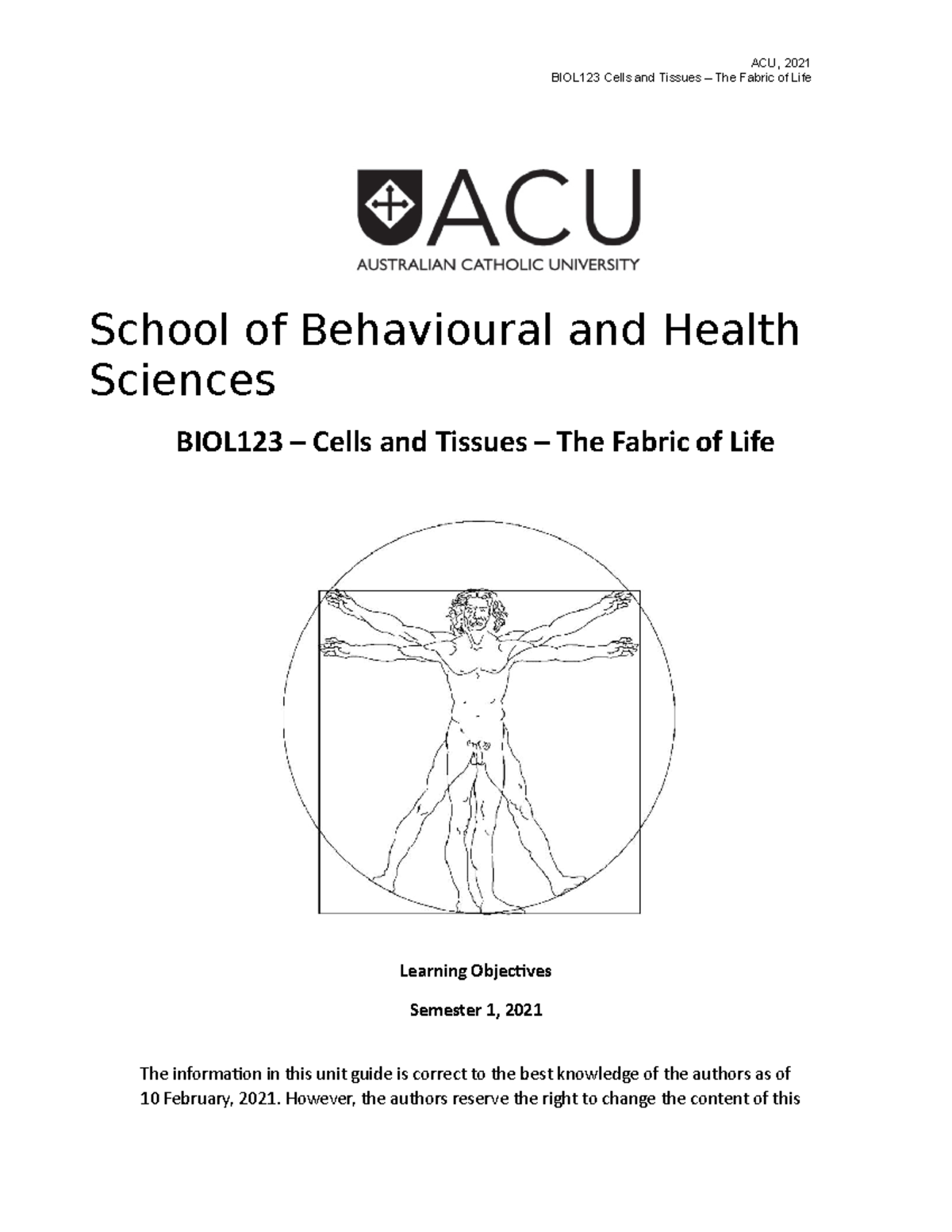 BIOL123 Topic Learning Objectives 2021 for Study - School of ...