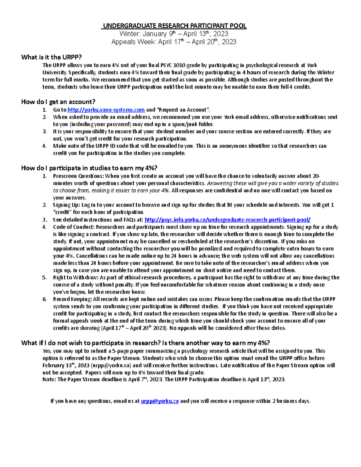 Student Handout 2023 - UNDERGRADUATE RESEARCH PARTICIPANT POOL Winter ...