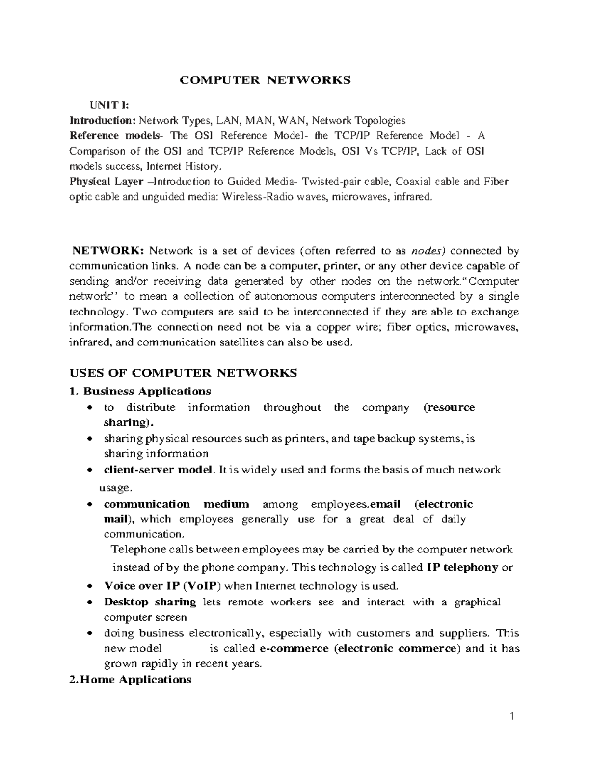 CN R20 UNIT 1 - computer network - COMPUTER NETWORKS UNIT I: Introduction: Network Types, LAN ...