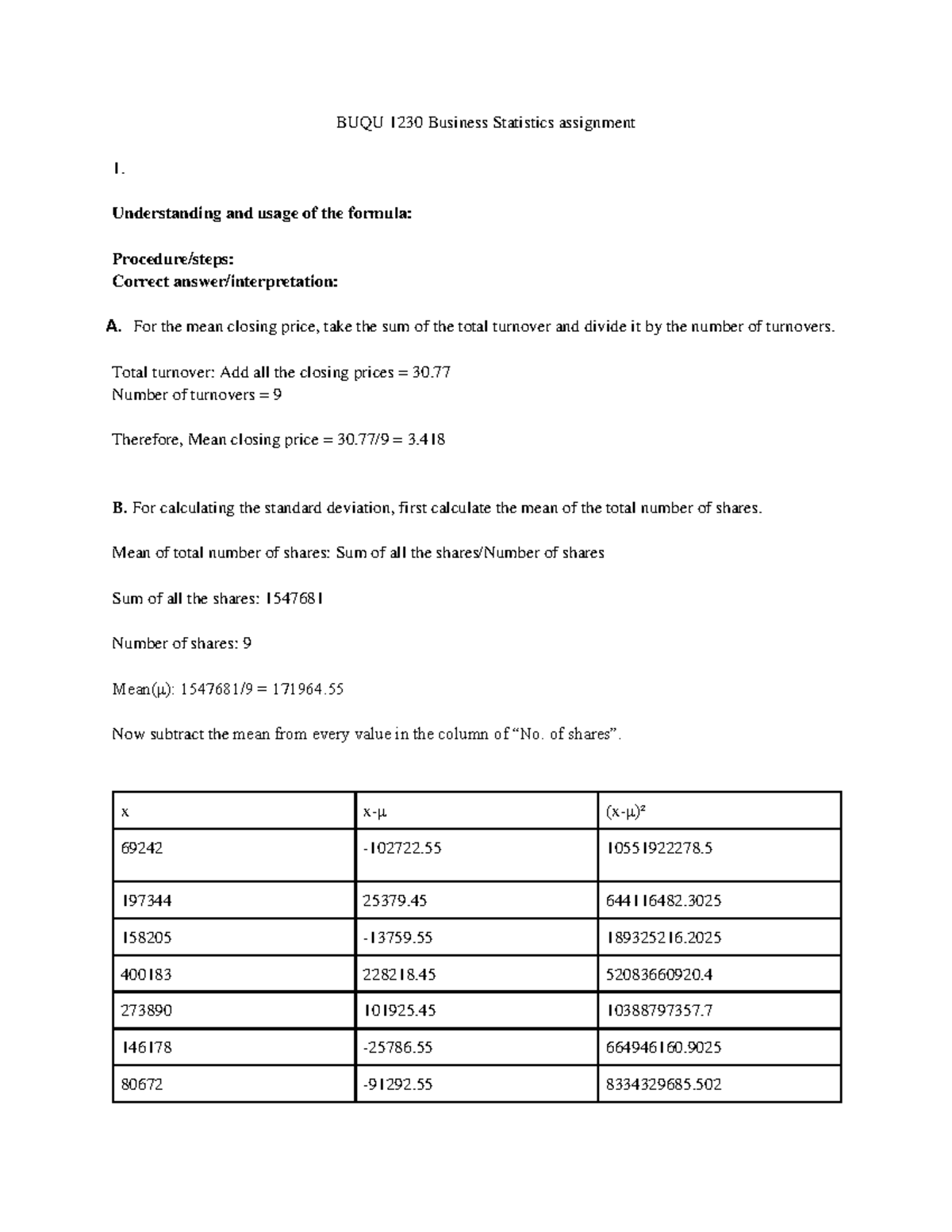 Business Statistics assignment - Understanding and usage of the formula ...