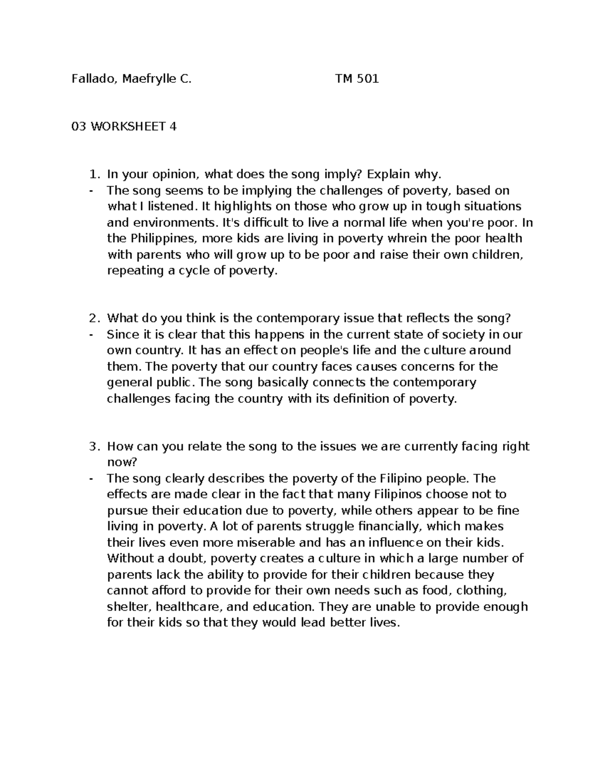 Fallado - TM 501 03 WORKSHEET 4 1. In your opinion, what does the song ...