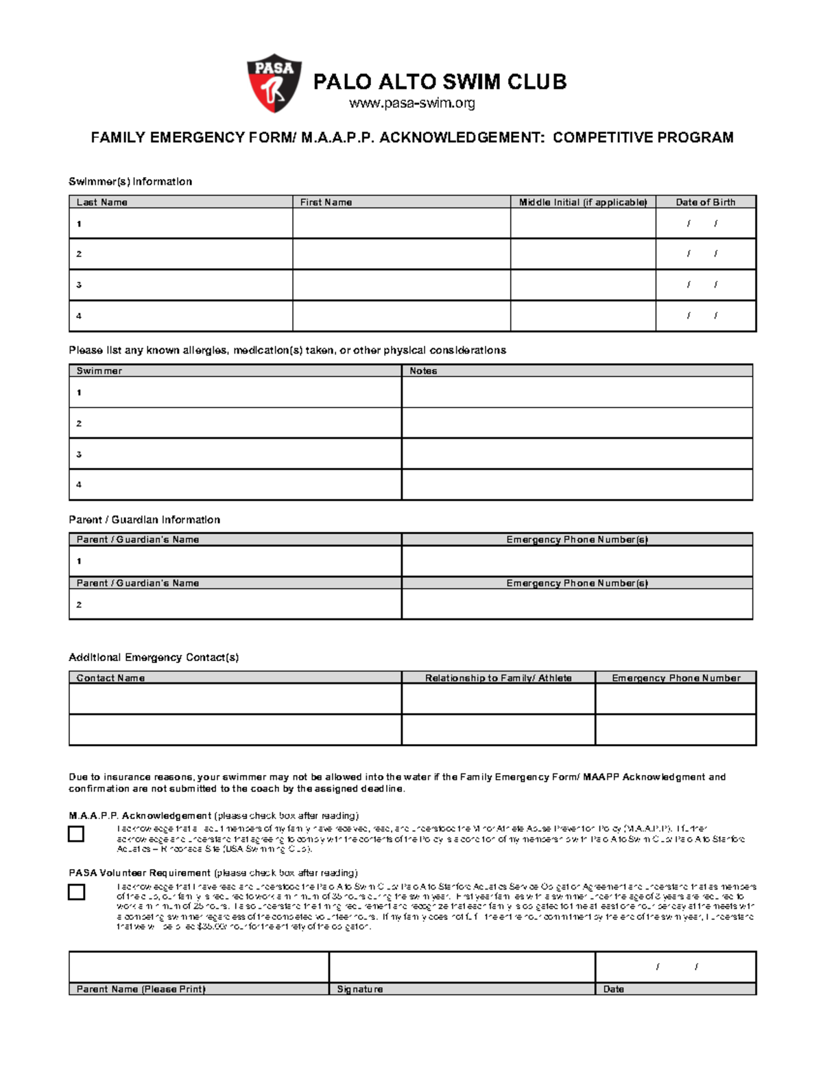 PASA Emergency Form 2021 - PALO ALTO SWIM CLUB pasa-swim FAMILY ...