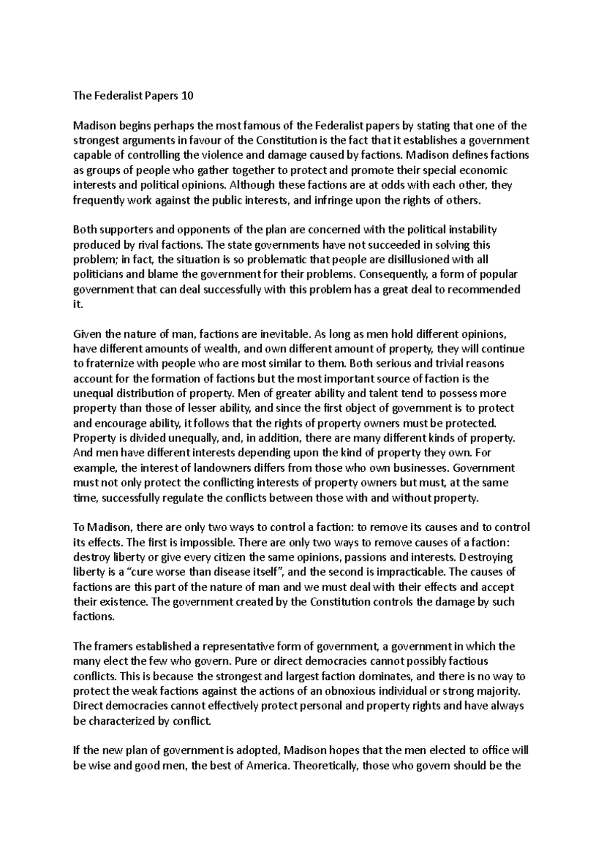 The Federalist Papers 10 - Madison defines factions as groups of people ...