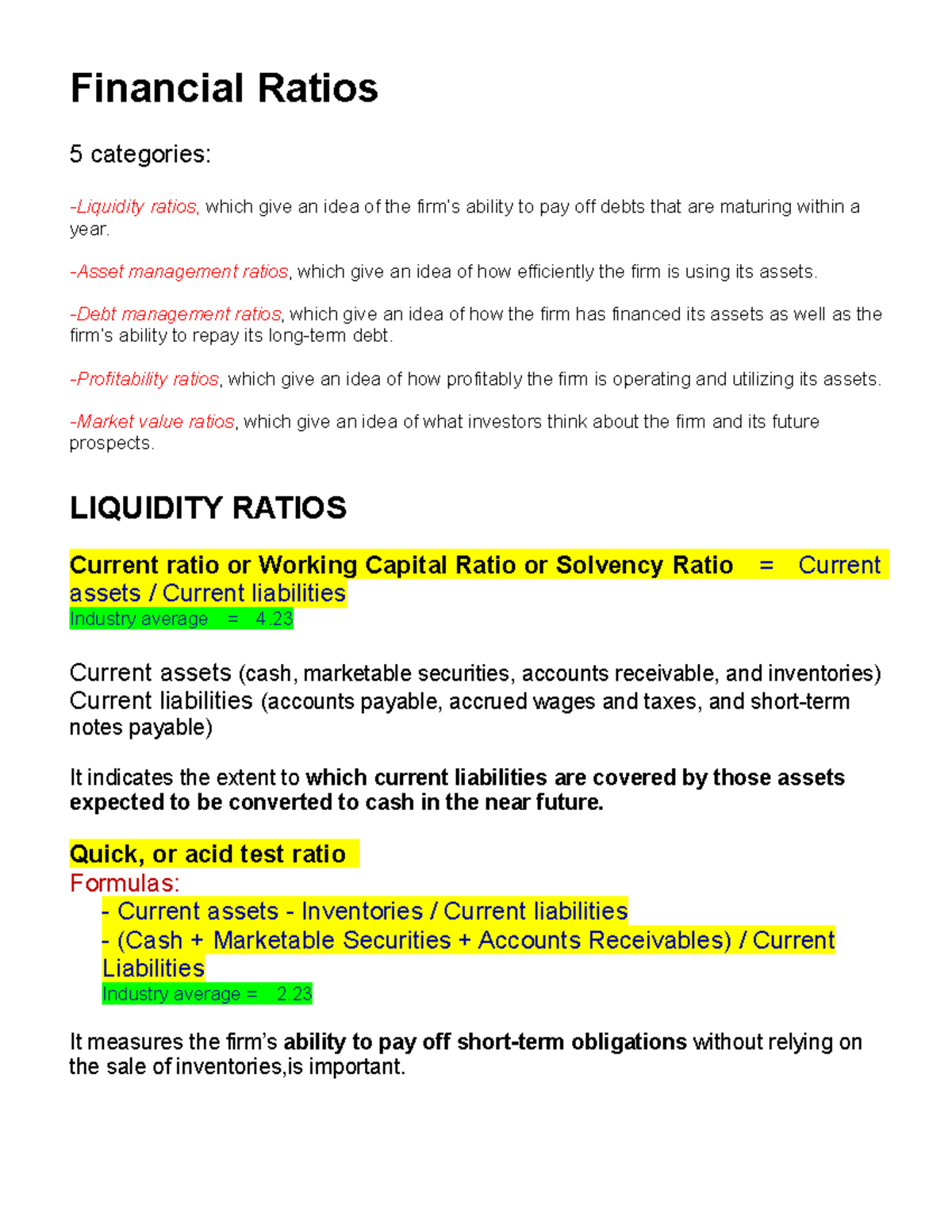 FR-FR-ISTG - Different financial ratios and their formulas. - Financial ...