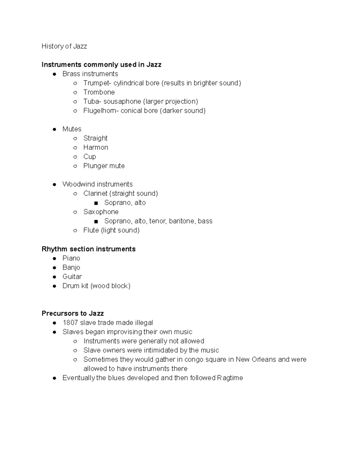 Jazz 1 - mus 113 CK. - History of Jazz Instruments commonly used in ...