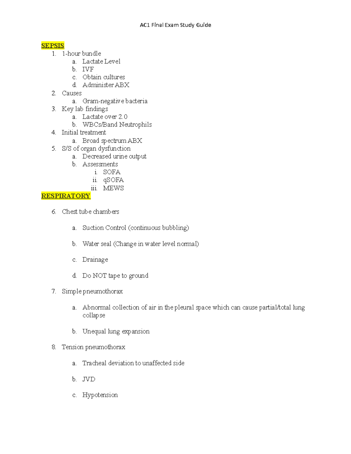 Adult Care Final Exam Study Guide - SEPSIS 1-hour bundle a. Lactate ...