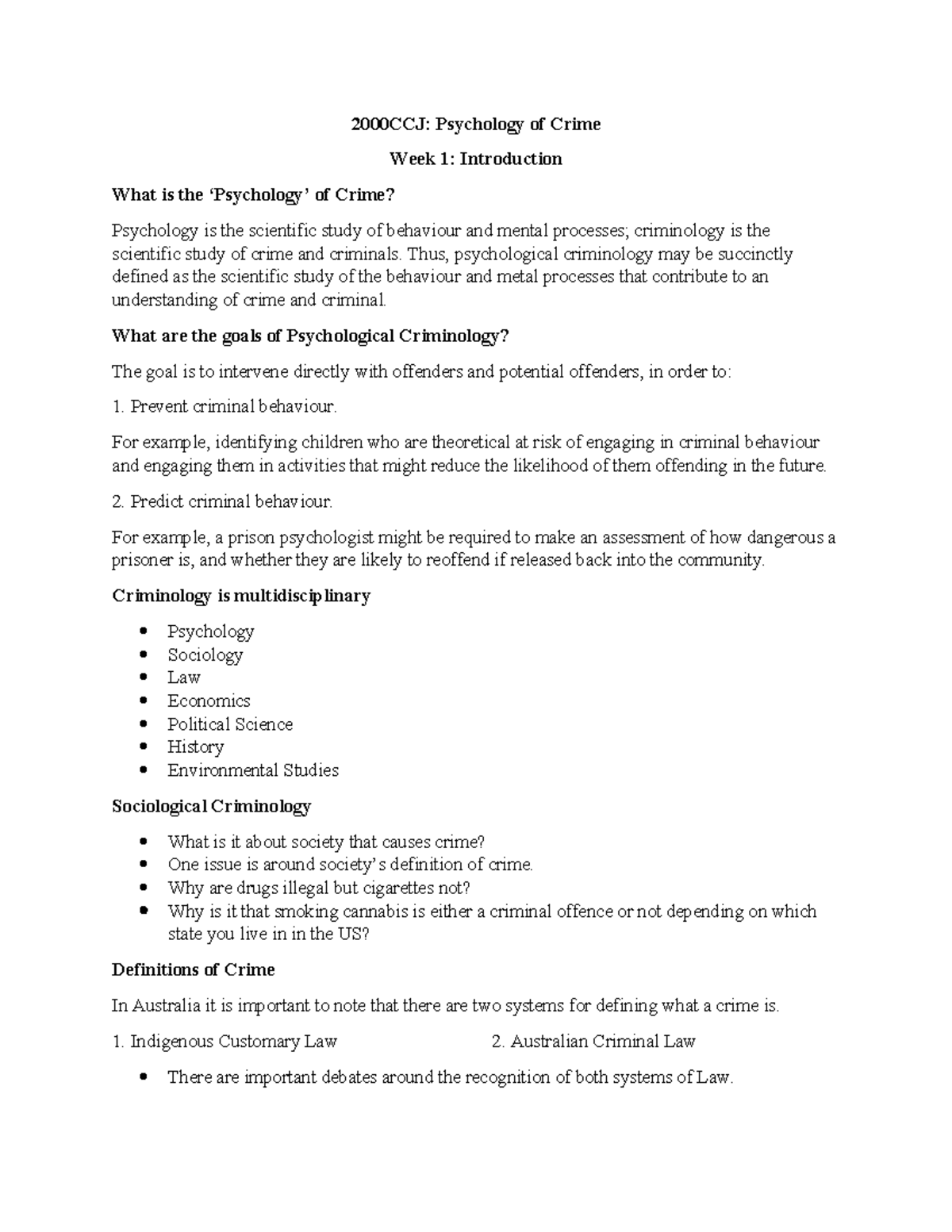 2000 CCJ Notes - 2000CCJ: Psychology of Crime Week 1: Introduction What ...