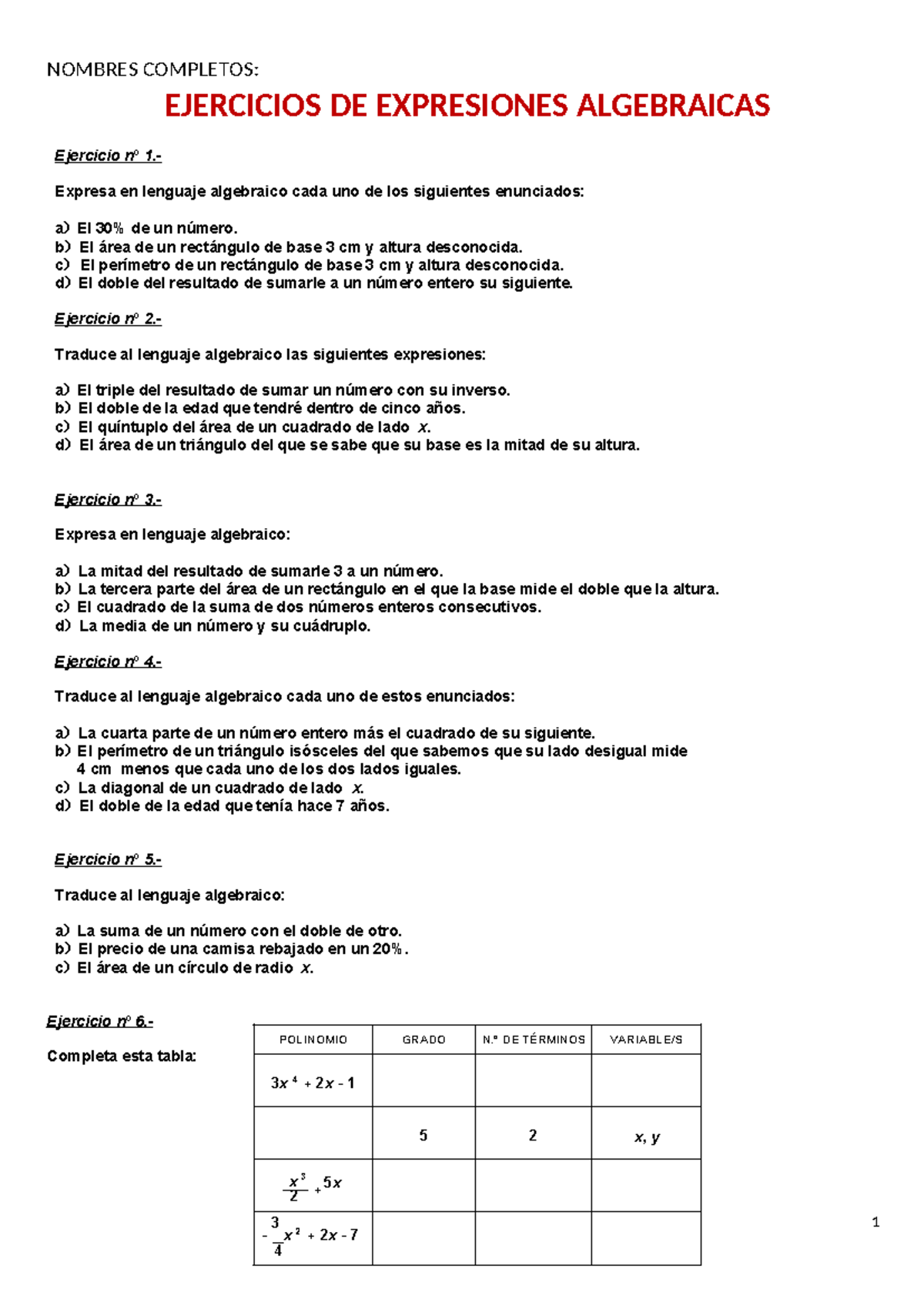 Ejercicios de expresiones algebraicas - 1 NOMBRES COMPLETOS: EJERCICIOS DE EXPRESIONES ...