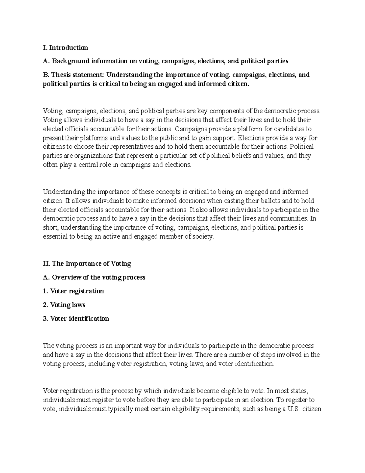 Notes on Voting, Campaigns, Elections, Parties - I. Introduction A ...