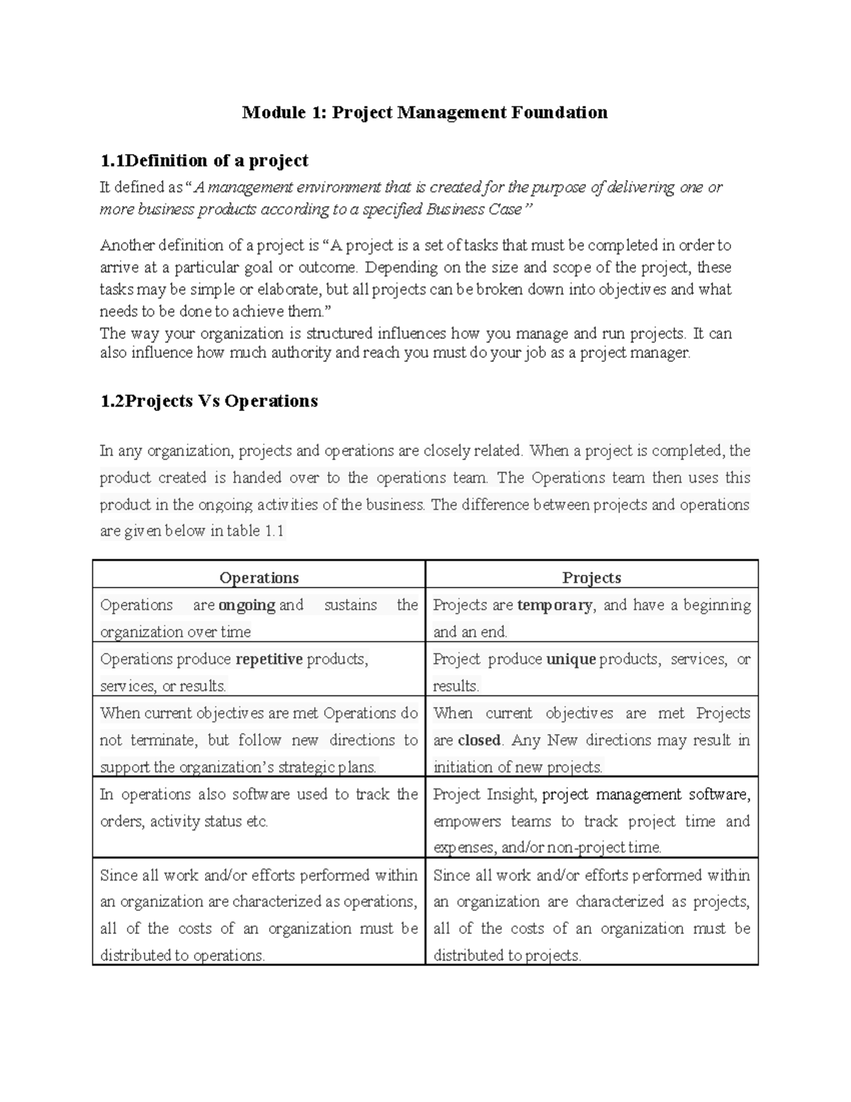 Module 1 notes - Module 1: Project Management Foundation 1 Definition ...