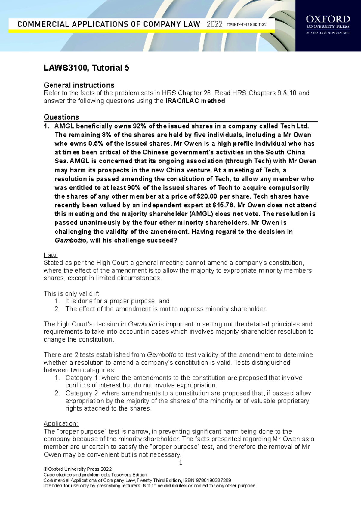 Tutorial 5, Roushi Low (T04) - LAWS3100, Tutorial 5 General ...