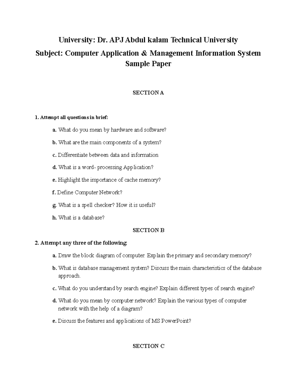 Management information system sample question paper - University: Dr ...