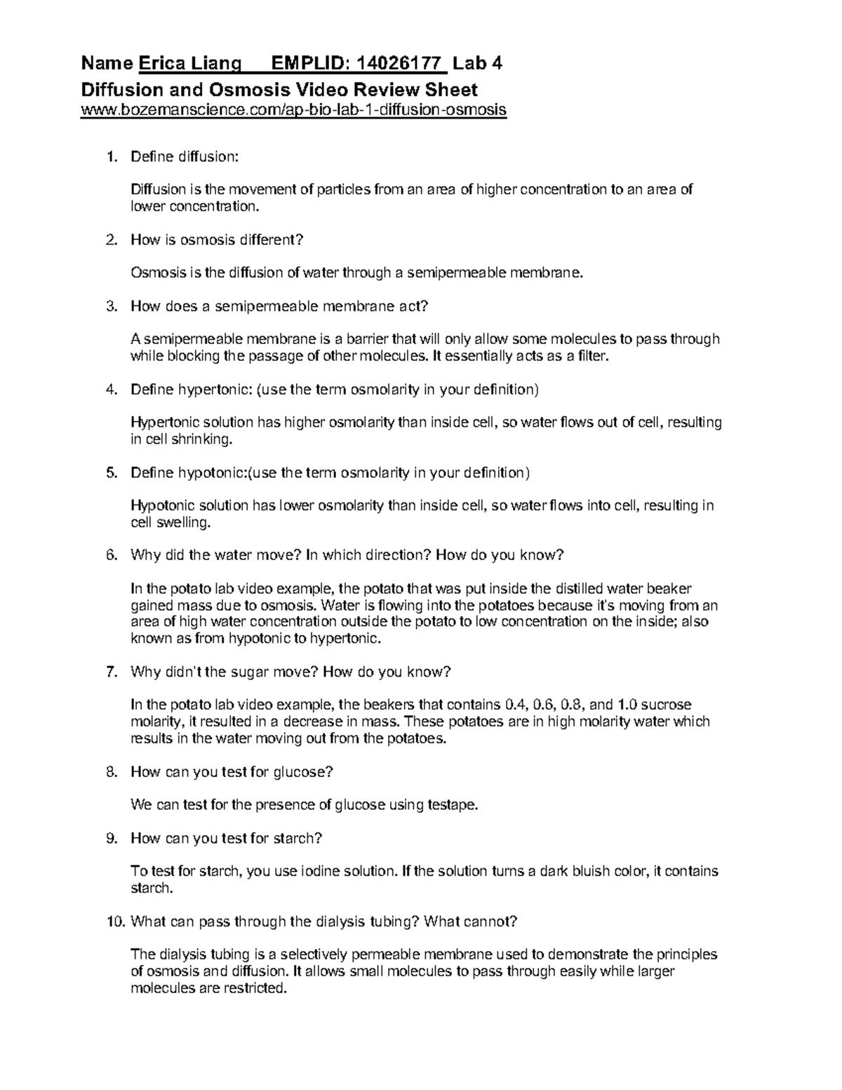 BIO11 Lab Report #4 Diffusion and Osmosis - Name Erica Liang EMPLID ...