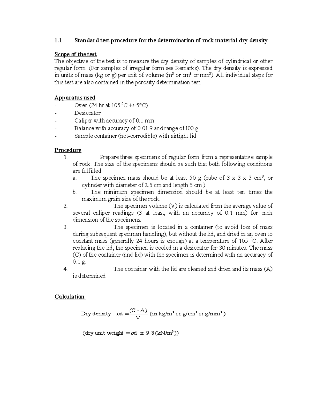 1.1 Standard test procedure for the determination of rock material dry ...