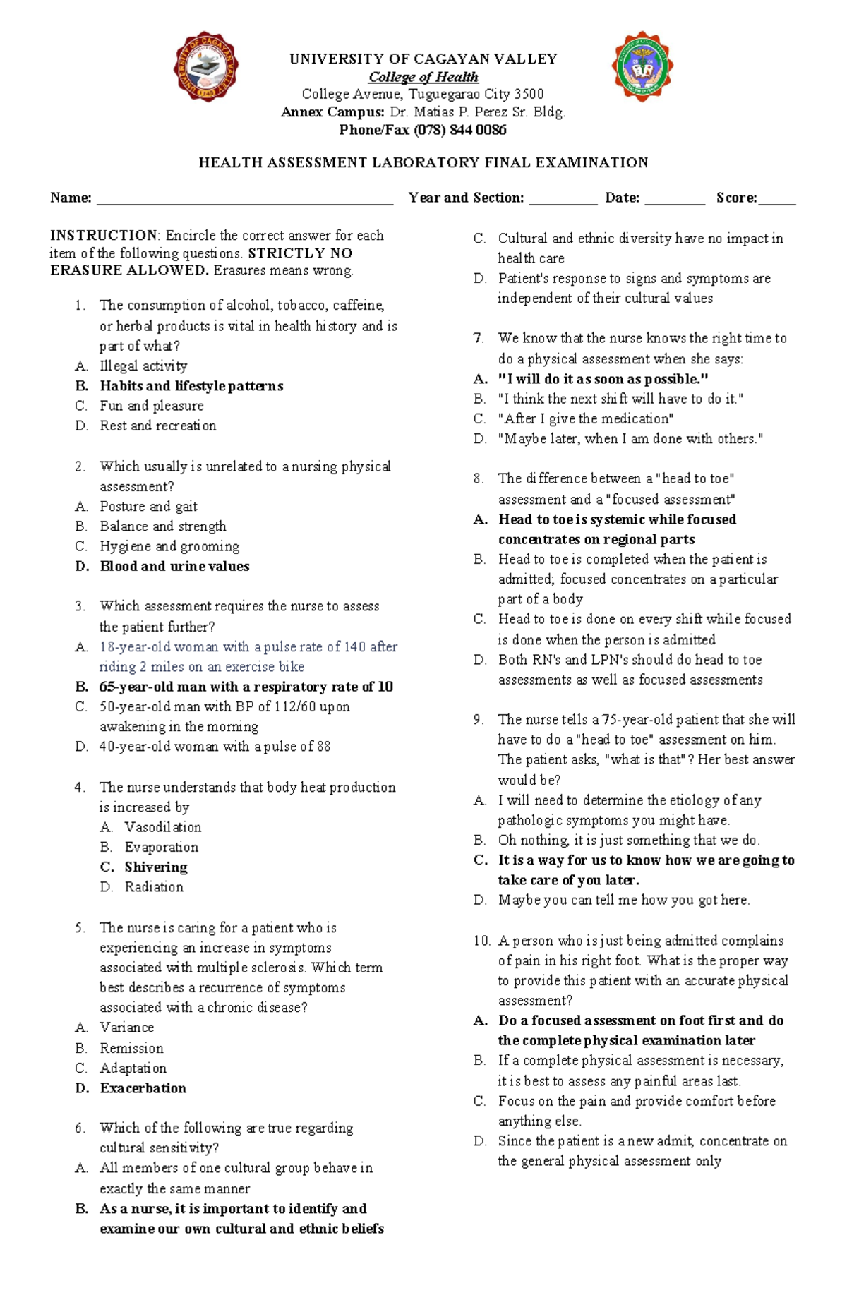 HA Laboratory Exam - UNIVERSITY OF CAGAYAN VALLEY College of Health ...