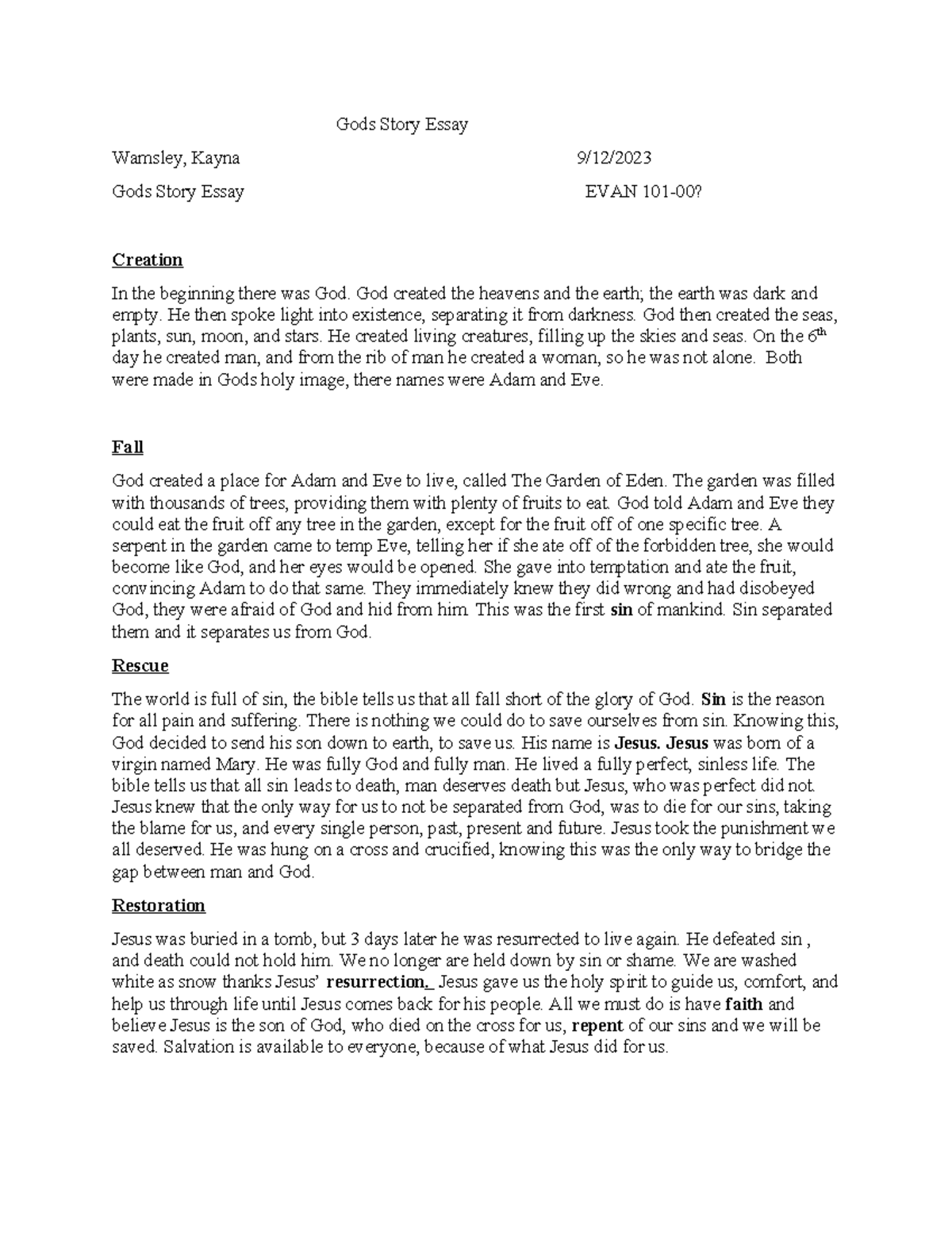 Gods Story Essay - Gods Story Essay Wamsley, Kayna 9/12/ Gods Story ...