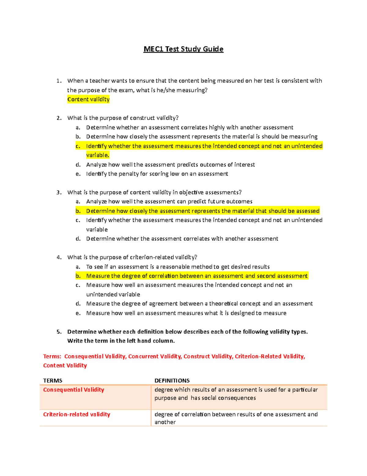 MEC1 Test Study Guide Key, Important Notes - MEC1 Test Study Guide When ...