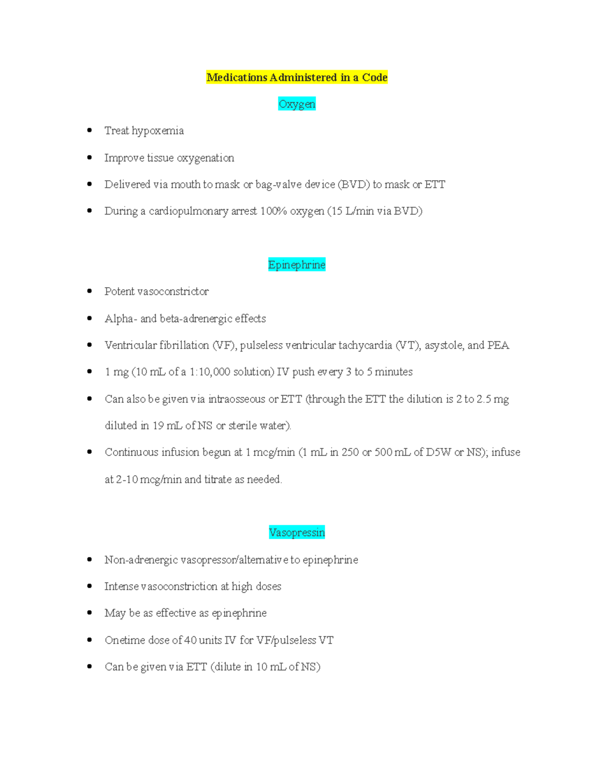 Medications Administered in a Code, Student - Medications Administered ...