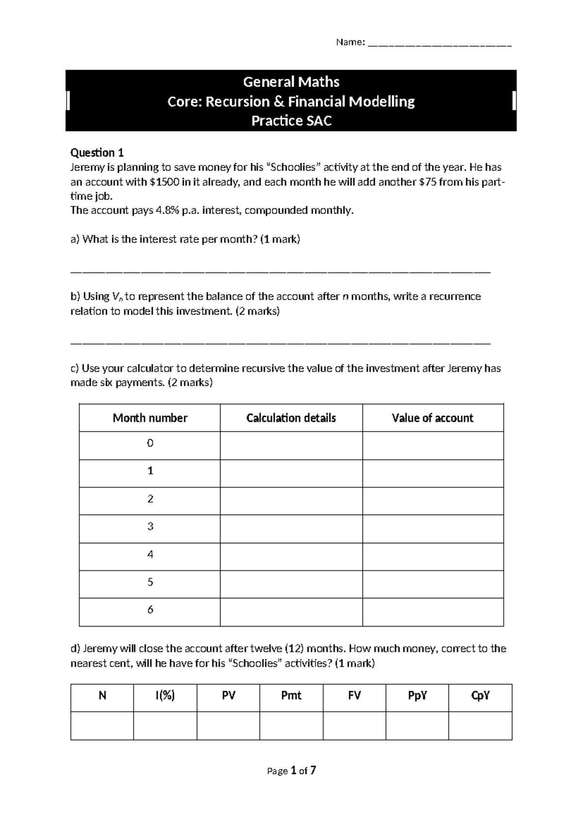 SAC 2 Financial Maths Revision - Jeremy - General Maths Core: Recursion ...