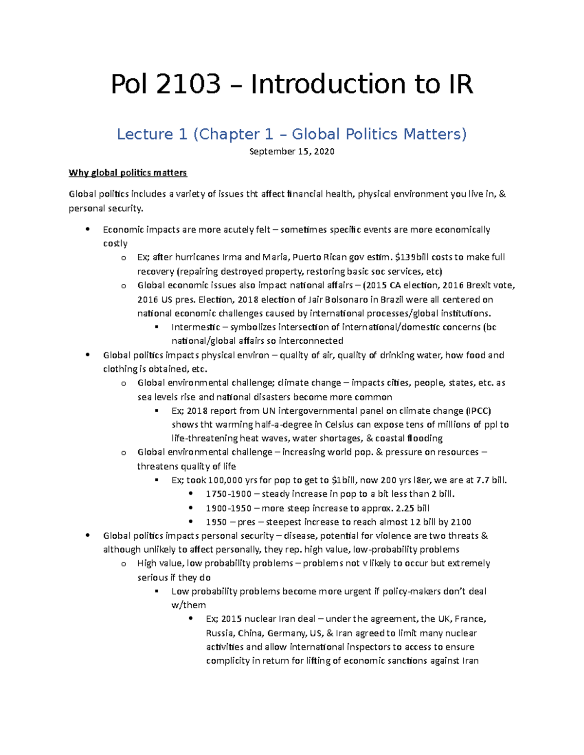 Pol 2103 notes - Pol 2103 – Introduction to IR Lecture 1 (Chapter 1 ...