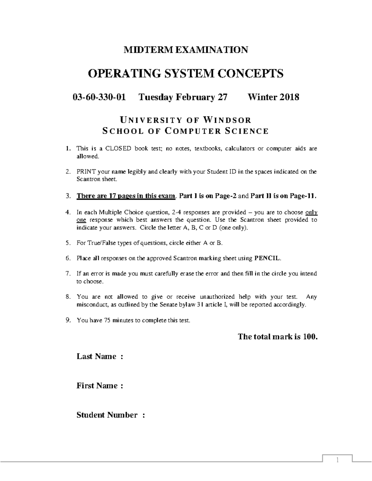 Mid-W 2018-Solutions - MIDTERM EXAMINATION OPERATING SYSTEM CONCEPTS 03 ...