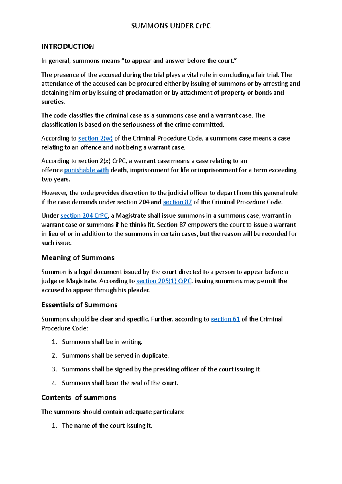 Summons - SUMMONS UNDER CrPC INTRODUCTION In general, summons means “to ...