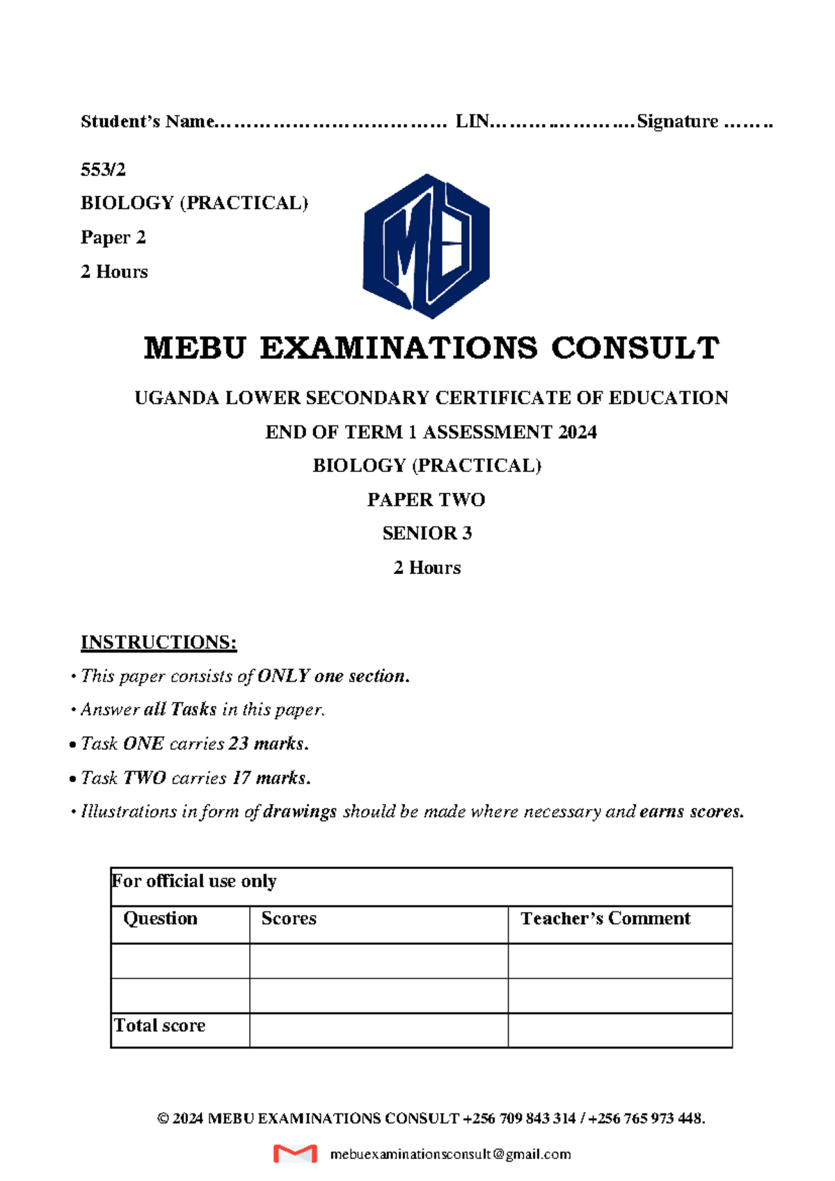 727786868 MEBU BIO 2 S 3 2024 070154 - © 2024 MEBU EXAMINATIONS CONSULT ...