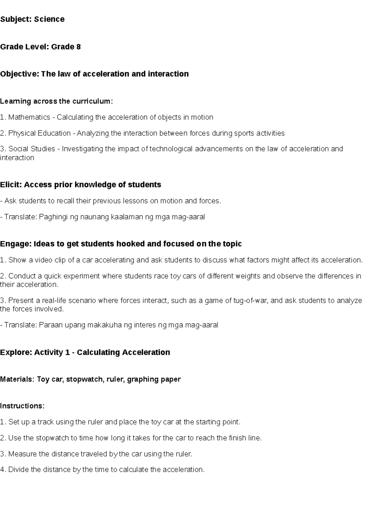 3 - Notes for Science Lesson - Subject: Science Grade Level: Grade 8 ...