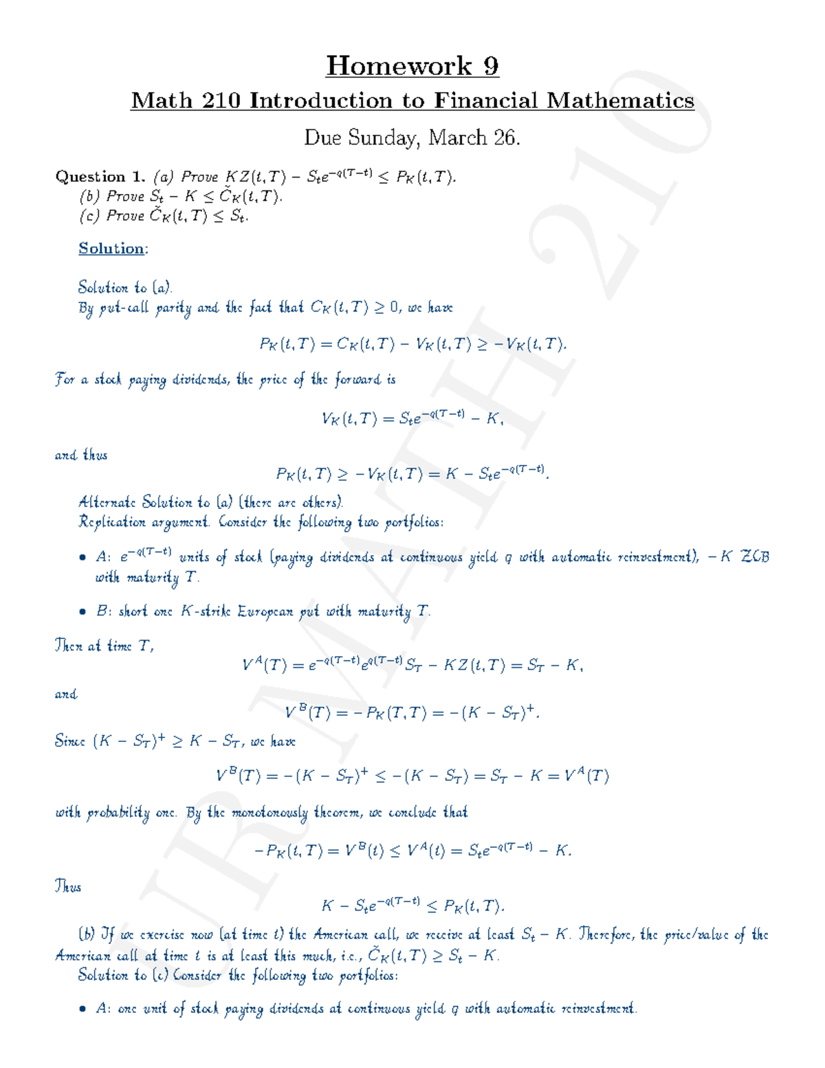 Homework 9 Solution - UR MATH 210 Homework 9 Math 210 Introduction to Financial Mathematics Due ...