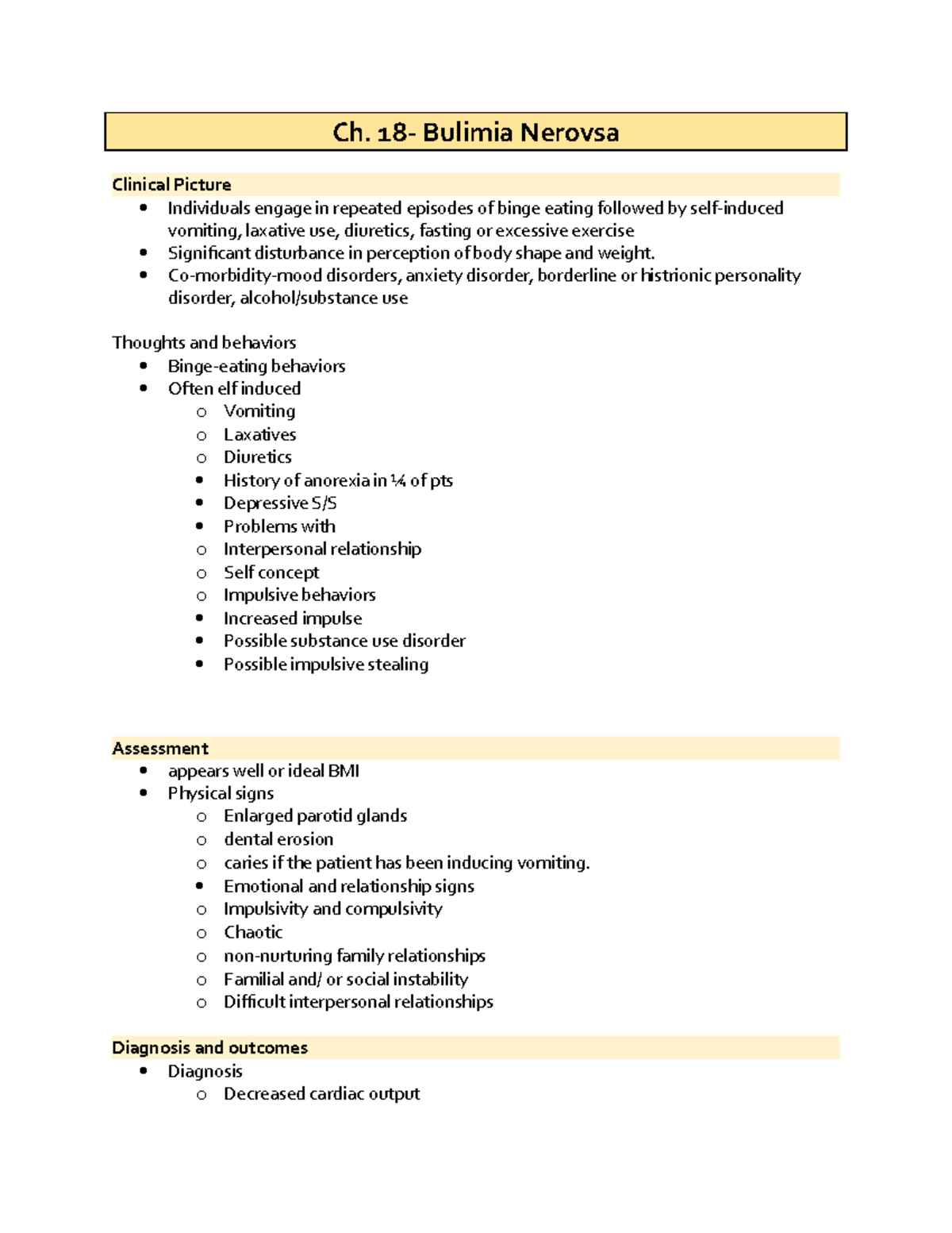 MH- bulemia - MH lecture notes- Nursing Dx, treatments, interventions ...