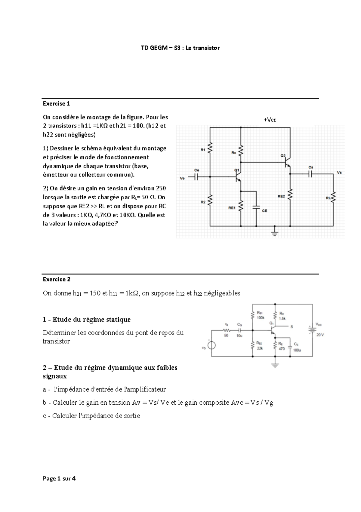 TD Transistor en dynamique GEGM 2023 - TD GEGM – S3 : Le transistor Exercise 1 On considère le ...