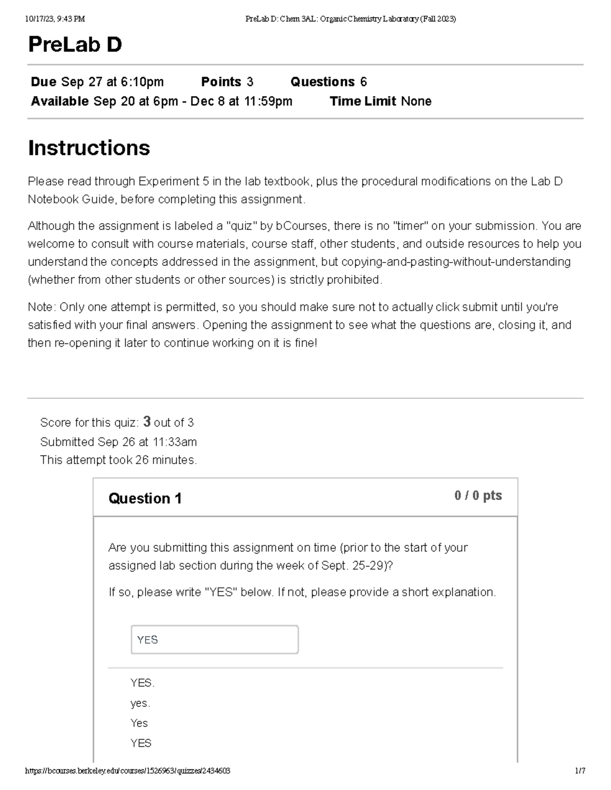 Pre Lab D Chem 3AL Organic Chemistry Laboratory (Fall 2023) - PreLab D ...
