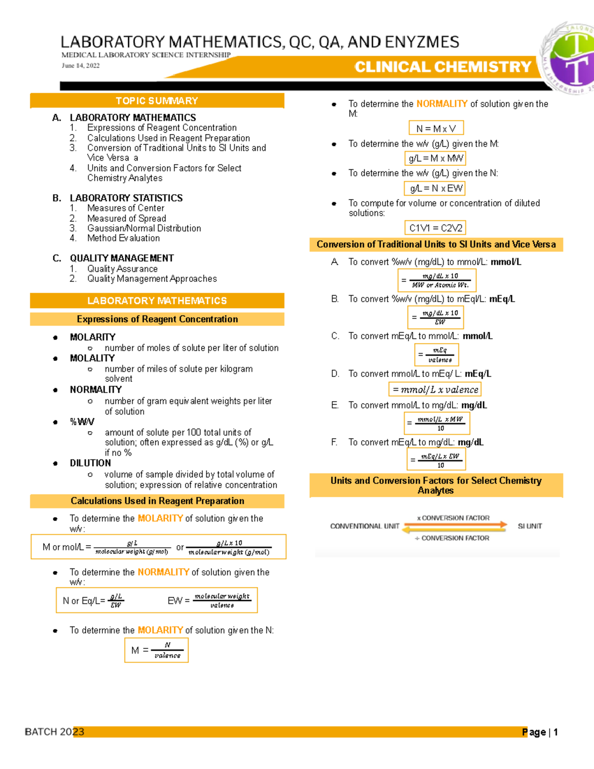 TT CC - Laboratory Mathematics, QC, QA, and Enzymes - TOPIC SUMMARY A ...