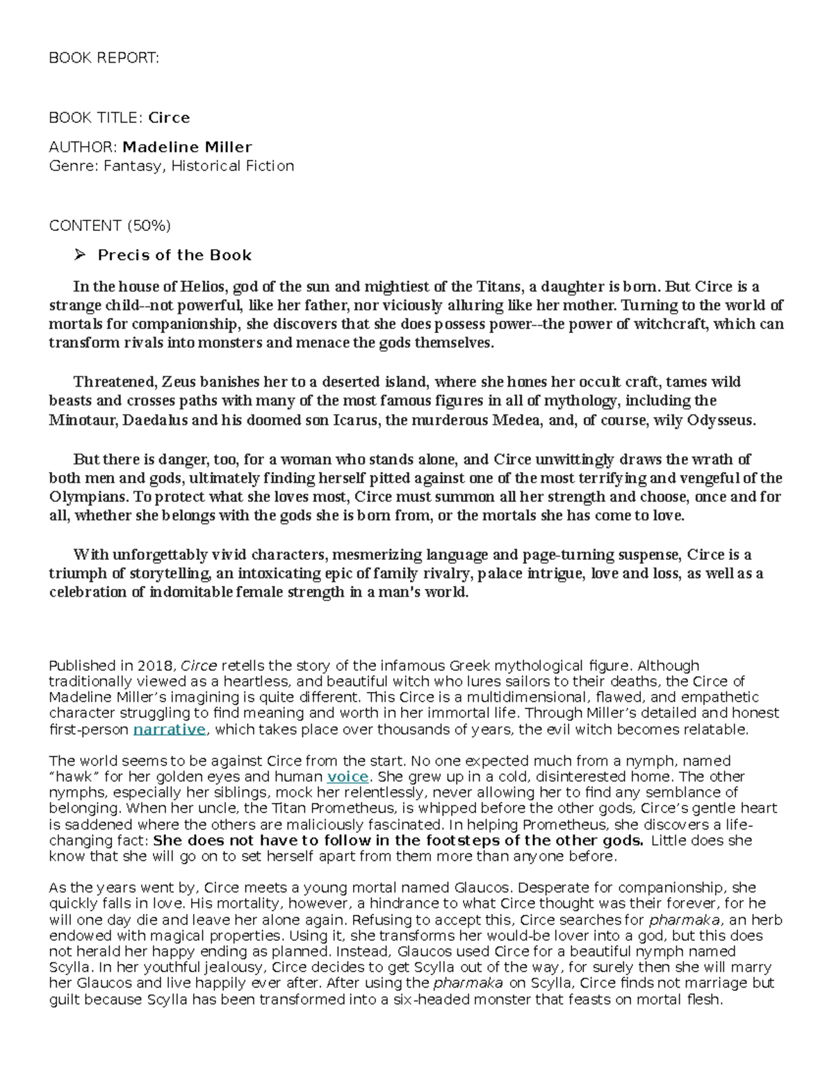 Circe BOOK Report GREAT BOOKS REPROTING - BOOK REPORT: BOOK TITLE ...