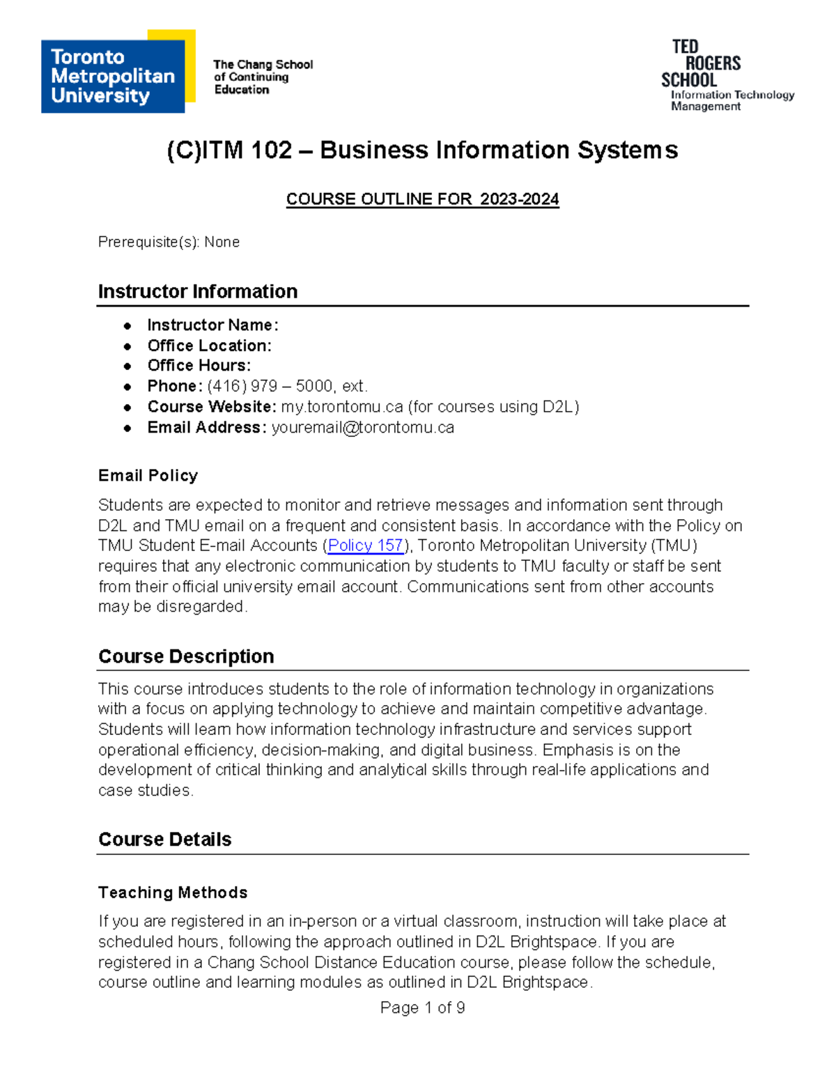 ITM 102 2023-2024 - course outline - (C)ITM 102 – Business Information ...