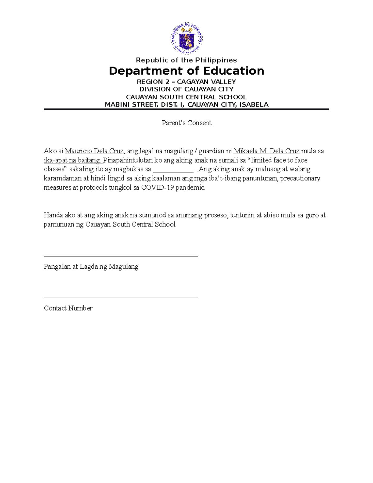 Parent's Consent - Republic of the Philippines Department of Education ...