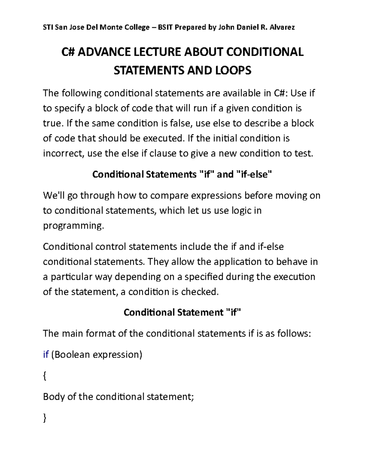 C Sharp Advance Lecture about Conditional Statements and Loops - C# ADVANCE LECTURE ABOUT - Studocu