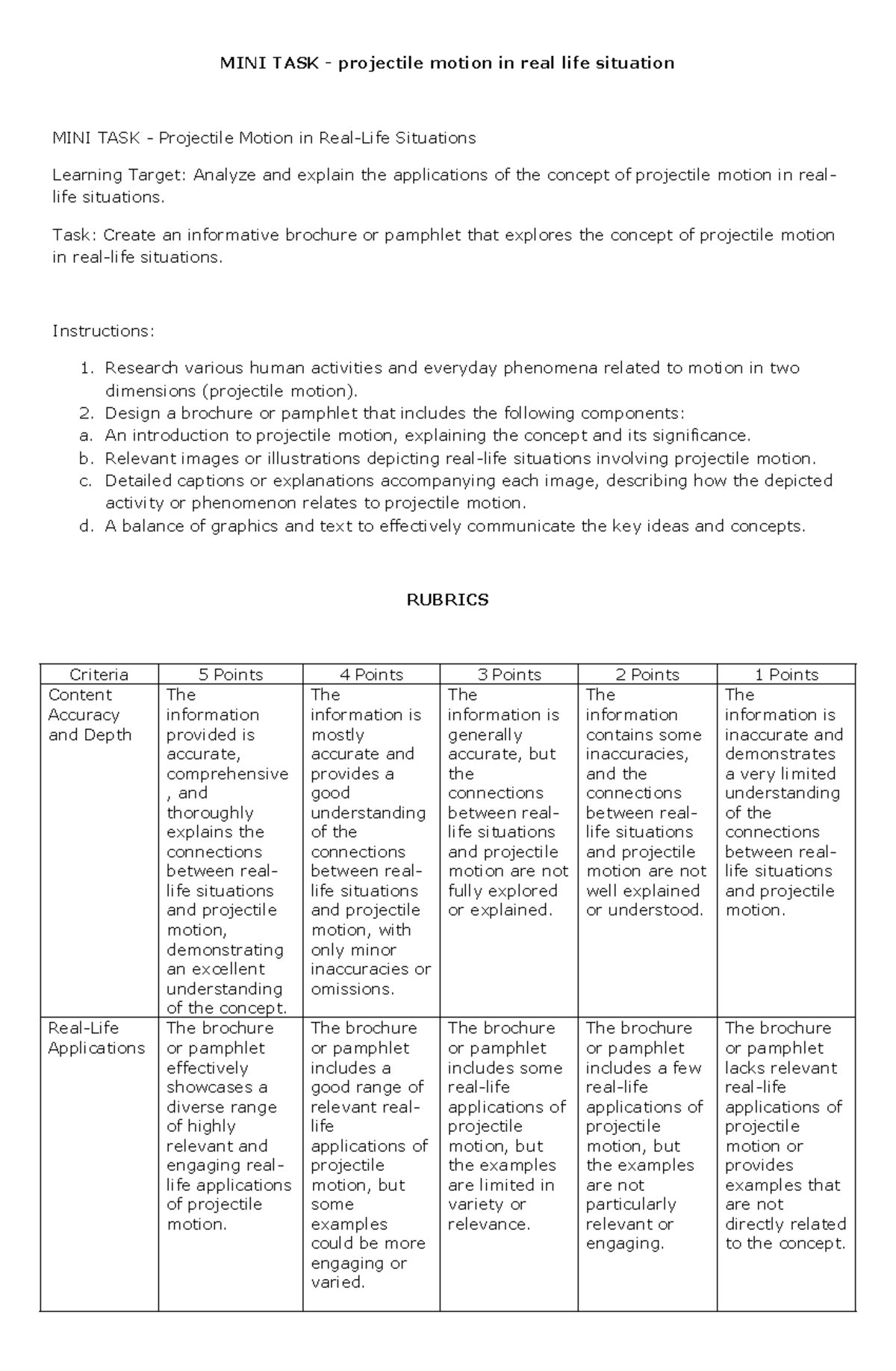 MINI TASK IN Motion IN TWO Dimensions - MINI TASK - projectile motion ...