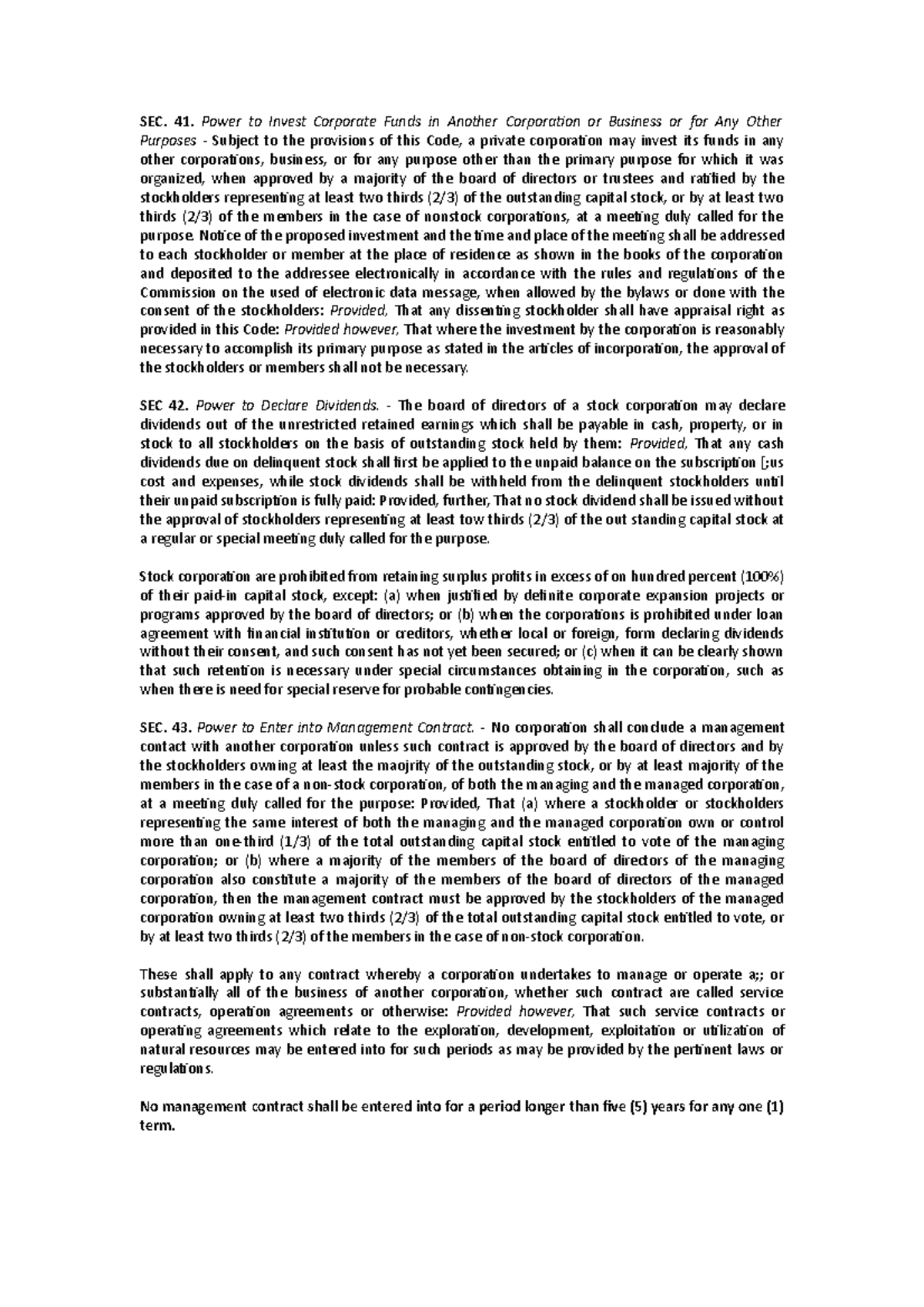SEC-41-43 - law on corporation - SEC. 41. Power to Invest Corporate ...