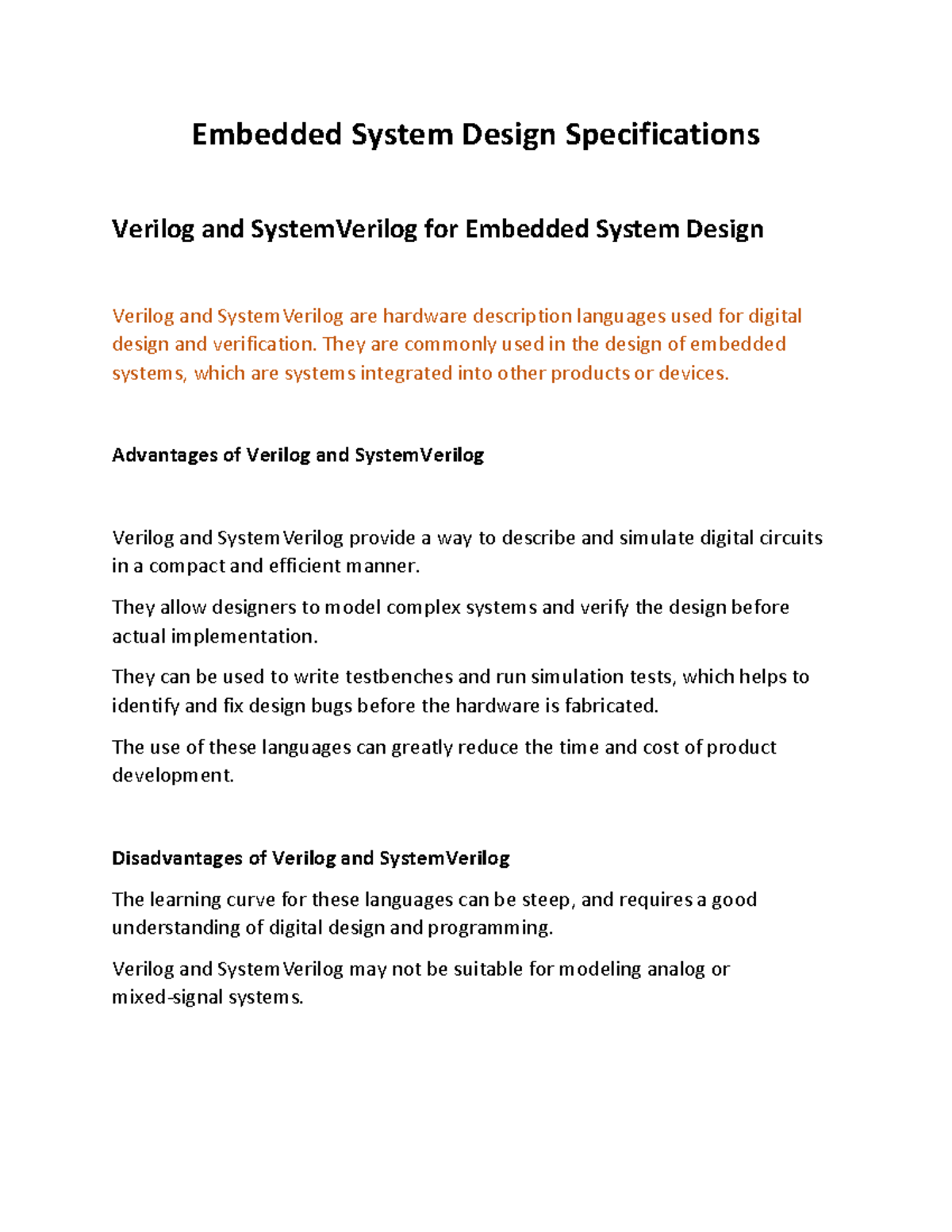 Specifications 5 - Embedded Systems - Embedded System Design Specifications Verilog and - Studocu