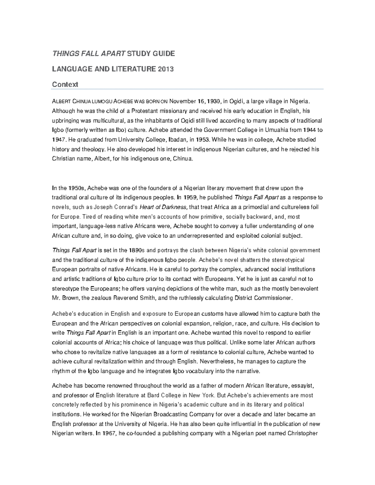 Things FALL Apart Study Guide Language A - THINGS FALL APART STUDY ...