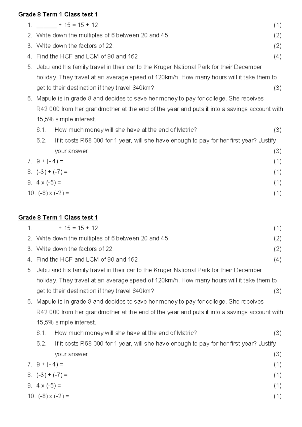 Grade 8 Class test 1 - Grade 8 Term 1 Class test 1 1. ______ + 15 = 15 ...