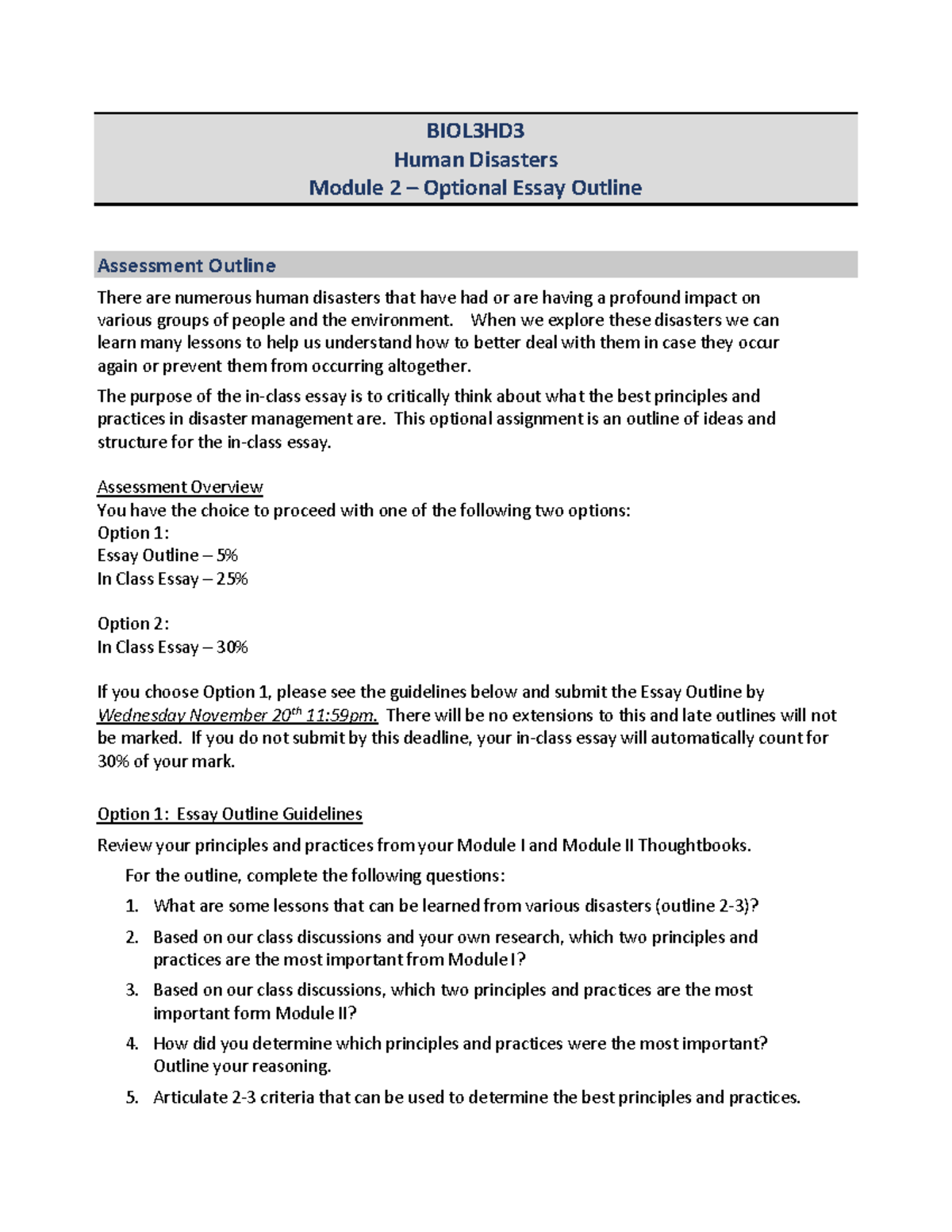 Module 2 Essay Outline - BIOL3HD Human Disasters Module 2 – Optional ...