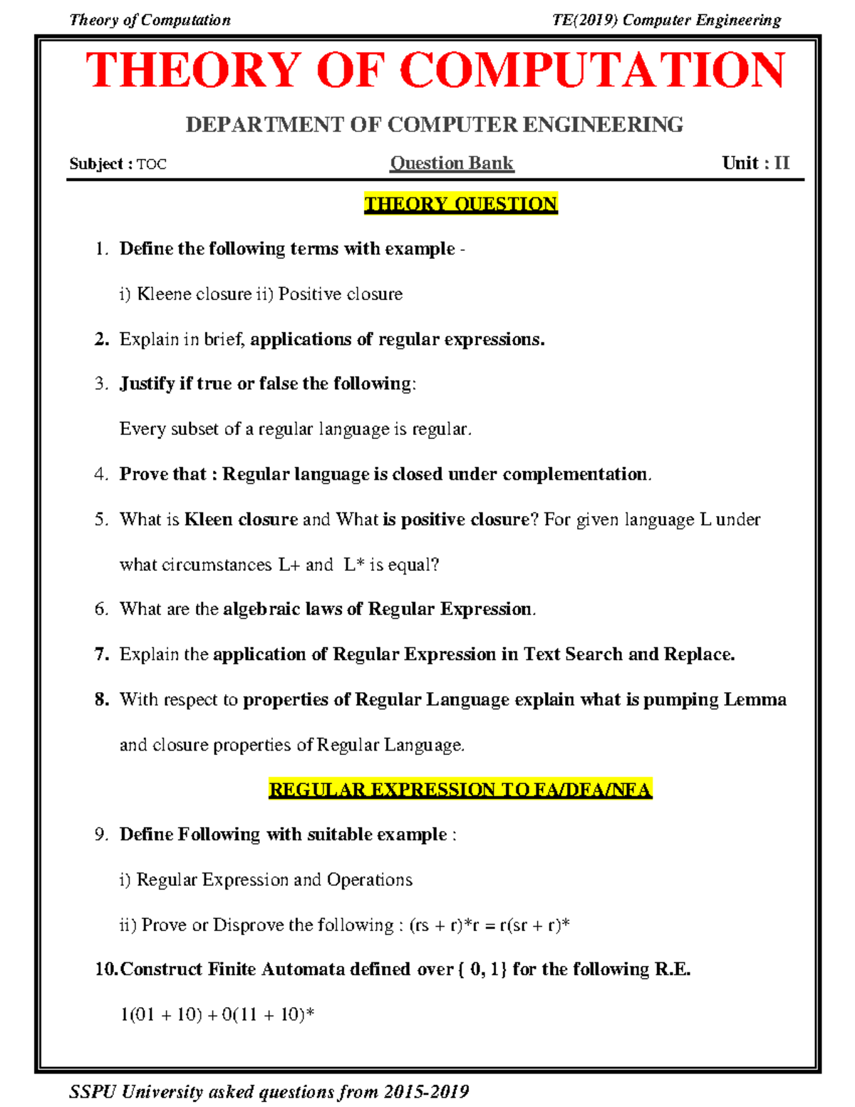 Toc Question Bank Unit Ii Theory Of Computation Department Of Computer Engineering Subject